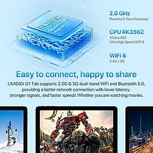 UMIDIGI G1 Tab Android 13 Tablet 2024, 8（4+4） GB+64GB 1TB Expand, Wi-Fi 6 Model, 10.1 inch Tablet with Quad-Core Processor up to 2.0 GHz, 6000mAh, Dual Camera, BT, 1280 * 800 HD IPS Touch Screen