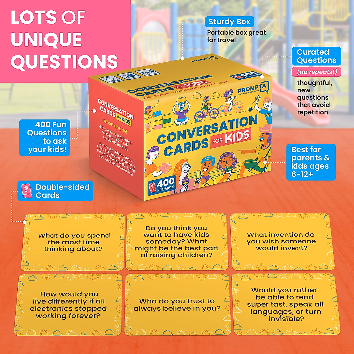 Conversation Cards for Kids – 400 Fun Conversation Starters for Family Game Night or Dinner – Road Trip Must Haves Travel Games for Kids Age 8-12 – Connect and Build Social Emotional Learning Skills