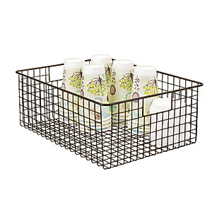 mDesign Metal Wire Food Storage Basket Organizer with Handles for Organizing Kitchen Cabinets, Pantry Shelf, Bathroom, Laundry Room, Closets, Garage - Concerto Collection - 2 Pack - Bronze