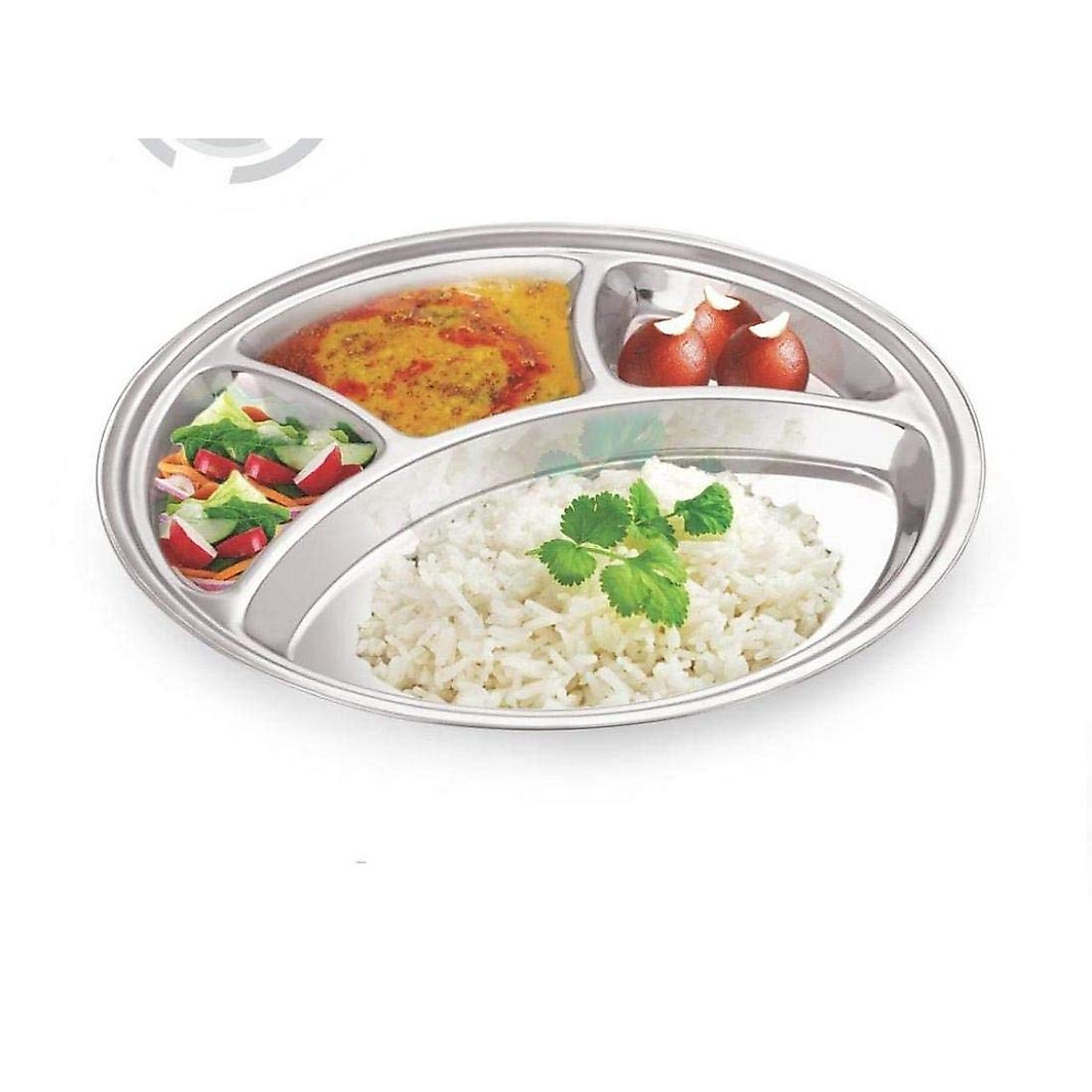 WhopperIndia Stainless Steel Round Dining Plate 4 Compartment Thali, stainless steel compartment plates , ss mess tray , Plates for Dinner Fruitss, Kitchen Dining Table Plate 4 Pcs 11.5 Inch