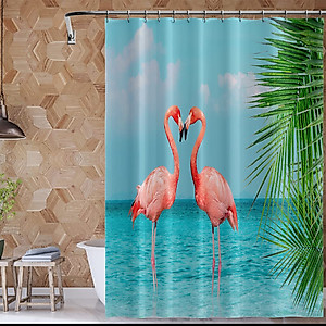 YUYASM Tropical Beach Shower Curtain Fabric Blue Ocean Pink Flamingo Couple Green Palm Leaves Summer Nautical Decor Bathroom Bath Curtains with Hooks 70x70 Inches