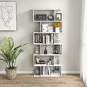 Tangkula 6 Shelf Bookcase, Modern S-Shaped Z-Shelf Style Bookshelf, Multifunctional Wooden Storage Display Stand Shelf for Living Room, Home Office, Bedroom, Bookcase Storage Shelf (1, White)