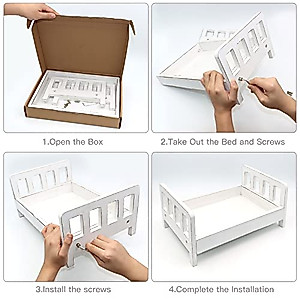 SPOKKI Newborn Photography Props Bed, White Wooden Baby Photoshoot Props Bed, Doll Bed with Dark Grey Blanket & Box for Newborn Photoshoot