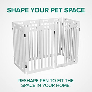 Arf Pets Freestanding Dog Gate with Door, 6 Panel 360° configurable Wooden Fence, 120" Wide, 31.5" Tall, Foldable, Four Support Feet Included, for The House - Indoor Use