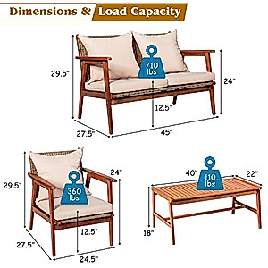 LIRUXUN 8PCS Patio Rattan Furniture Set Acacia Wood Frame Cushioned Sofa Chair Garden Coffee Table