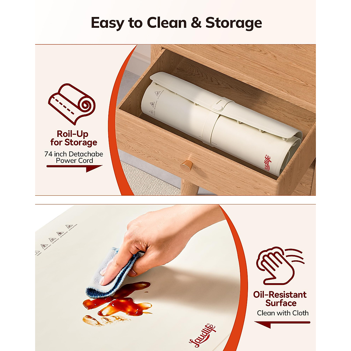 Electric Warming Tray with 7 Adjustable Temperature, Laudlife Foldable Food Warmer for Parties with Child Lock, Fast Heating Plate for Buffet, Family Gathering, Sabbath, Holiday, Countertop, Beige