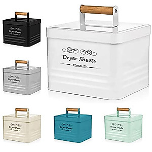 ELITAPRO Dryer Sheets Holder Modern Farmhouse Dryer Sheet Dispenser Container, Metal Dryer Sheet Box, Farmhouse Decor with Lid, Lint Bin for Laundry room, Storage Box, laundry room decoration, White