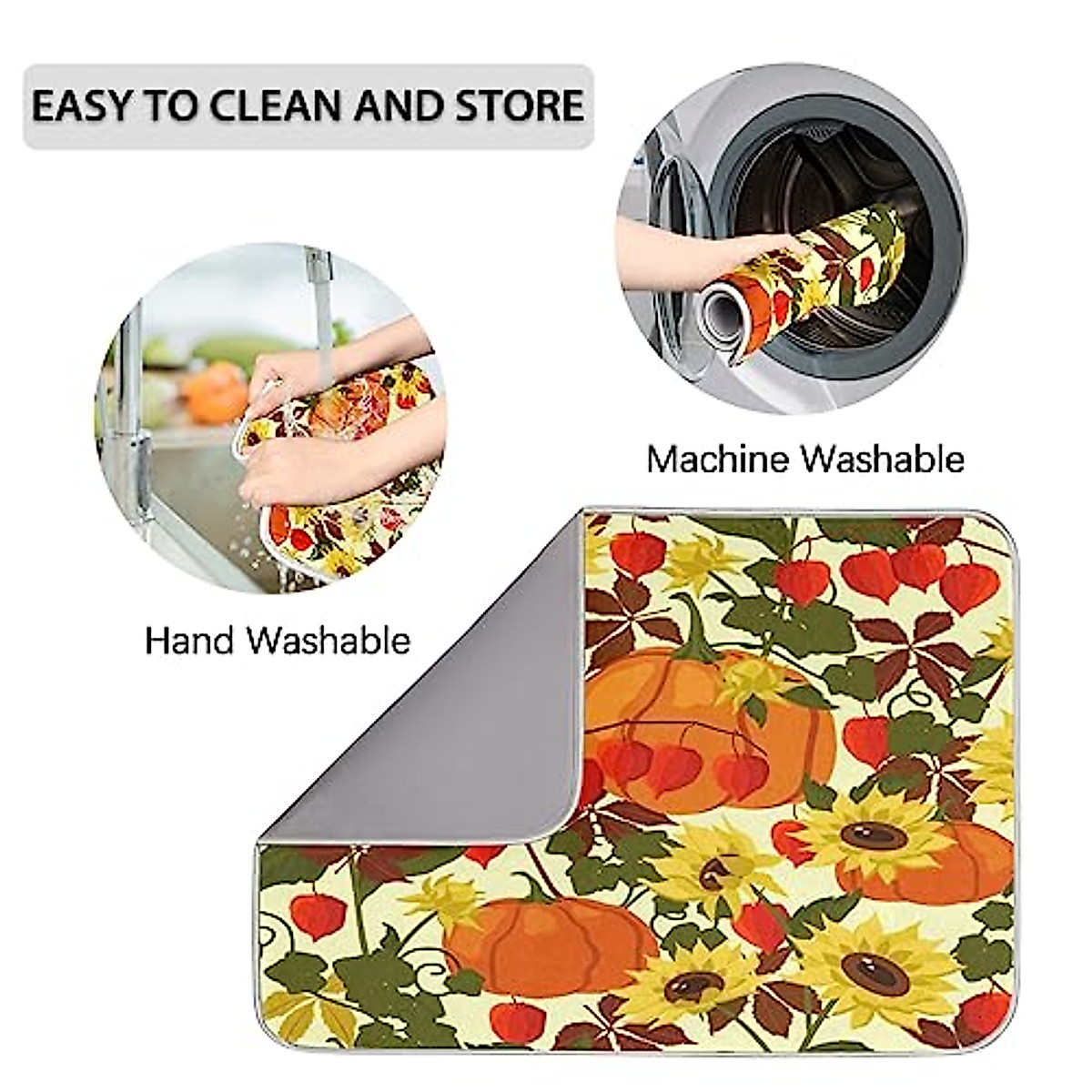 Dish Drying Mat for Kitchen Counter 16x18 Drying Rack Pad Absorbent Microfiber Reversible Kitchen Accessories Fall Pumpkin Sunflower