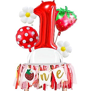 Strawberry Berry First Birthday High Chair Banner Party Supplies Kit: Sweet First Birthday Banner One Balloon Strawberry Daisy Balloons Smash Cake Decoration Photo Prop Gifts For Kids Girls