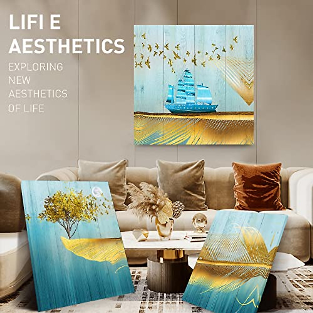 SERIMINO Wall Decor for Bedroom, Canvas Wall Art for Living Room, Modern Pictures, Golden Feather and Yellow Tree Paintings, Posters for Farmhouse, Prints for Office, 3 Pieces Set