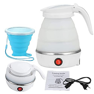 Travel Collapsible Electric Kettle with Collapsible Cup - Portable Foldable Small Electric Kettle with Quick Boiling Water Tech, BPA Free, 110V Voltage, US Plug, 600ML (White & Blue)