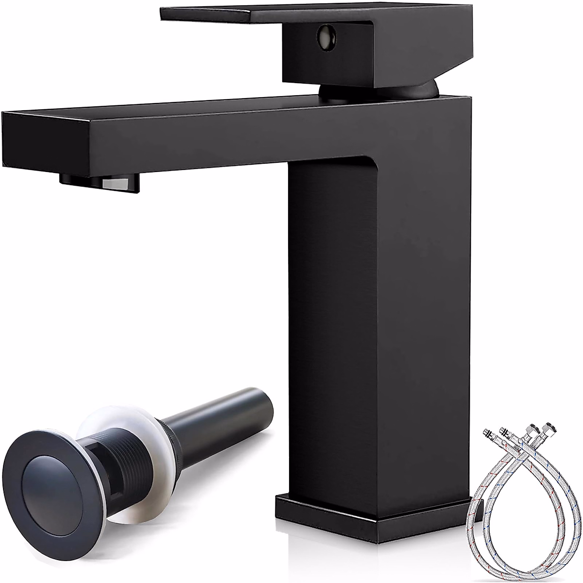 SeanPeak Matte Black Bathroom Faucet, Solid Brass Bathroom Sink Faucet, Lead-Free Single Handle Vanity Faucet with Water Supply Hoses & Pop Up Drain Stopper