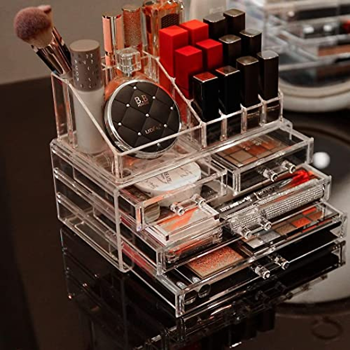 Cq acrylic Clear Makeup Organizer And Storage Stackable Skin Care Cosmetic Display Case With 4 Drawers Make up Stands For Jewelry Hair Accessories Beauty Skincare Product Organizing,Set of 2