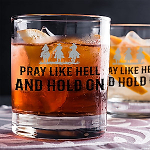 Toasted Tales Pray Like Hell and Hold | Old Fashioned Whiskey Glass Tumbler | Rocks Barware For Scotch, Bourbon, Liquor and Cocktail Drinks | Quality Chip Resistant Home Bar Whiskey Gift