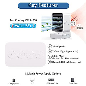 Mini Air Conditioner - Portable Air Conditioner Fan Small AC Unit Personal Desktop Air Cooler Fan - 3 Wind Speeds 7-Color NightLight & Humidify for Dorm Room Office