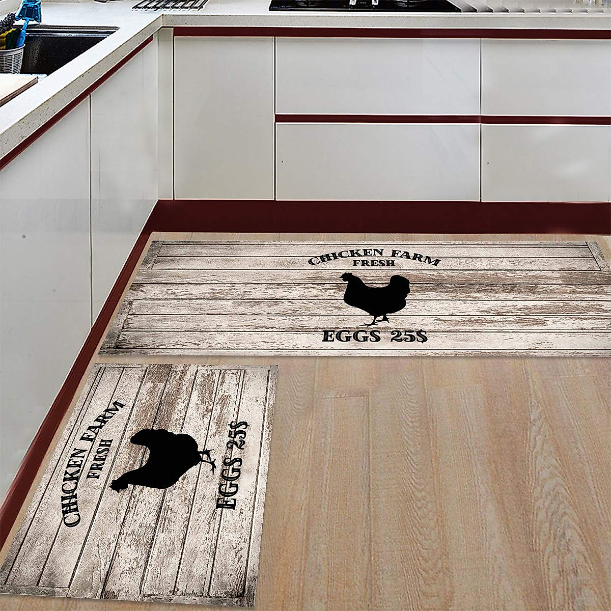 EZON-CH Kitchen Rugs and Mats Set 2 Pcs Chicken Farm Fresh Eggs Kitchen Floor Mat Runner Carpets for Kitchen, Bathroom, Sink, Laundry or Office (15.7x23.6in+15.7x47.2in)