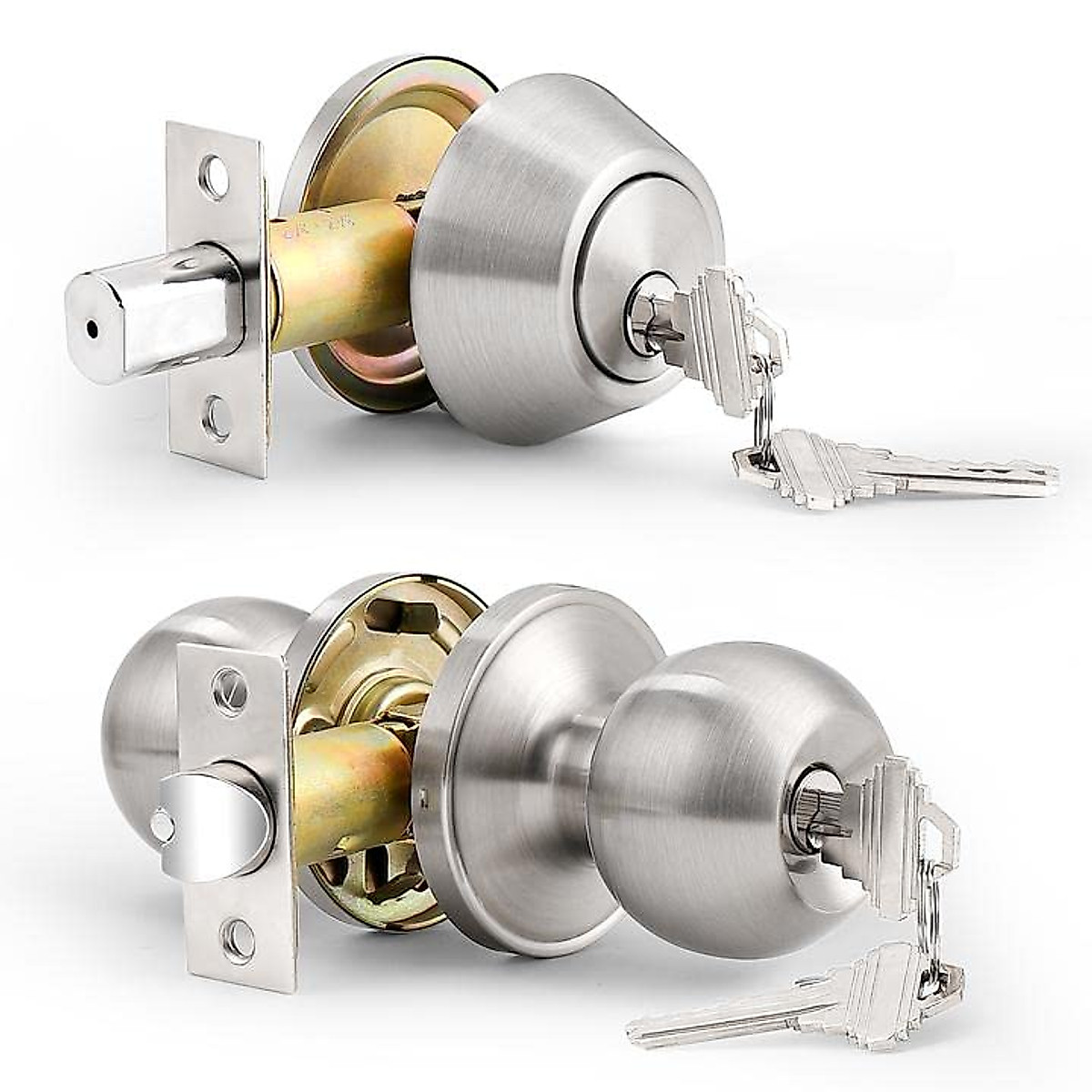 Probrico 2 Sets Front Exterior Door Knob Set with Single Cylinder Deadbolts Satin Nickel,Round Entry Door Knobs with Dead Bolts Combo Pack, Keyed Alike Door Hardware, Contractor Pack