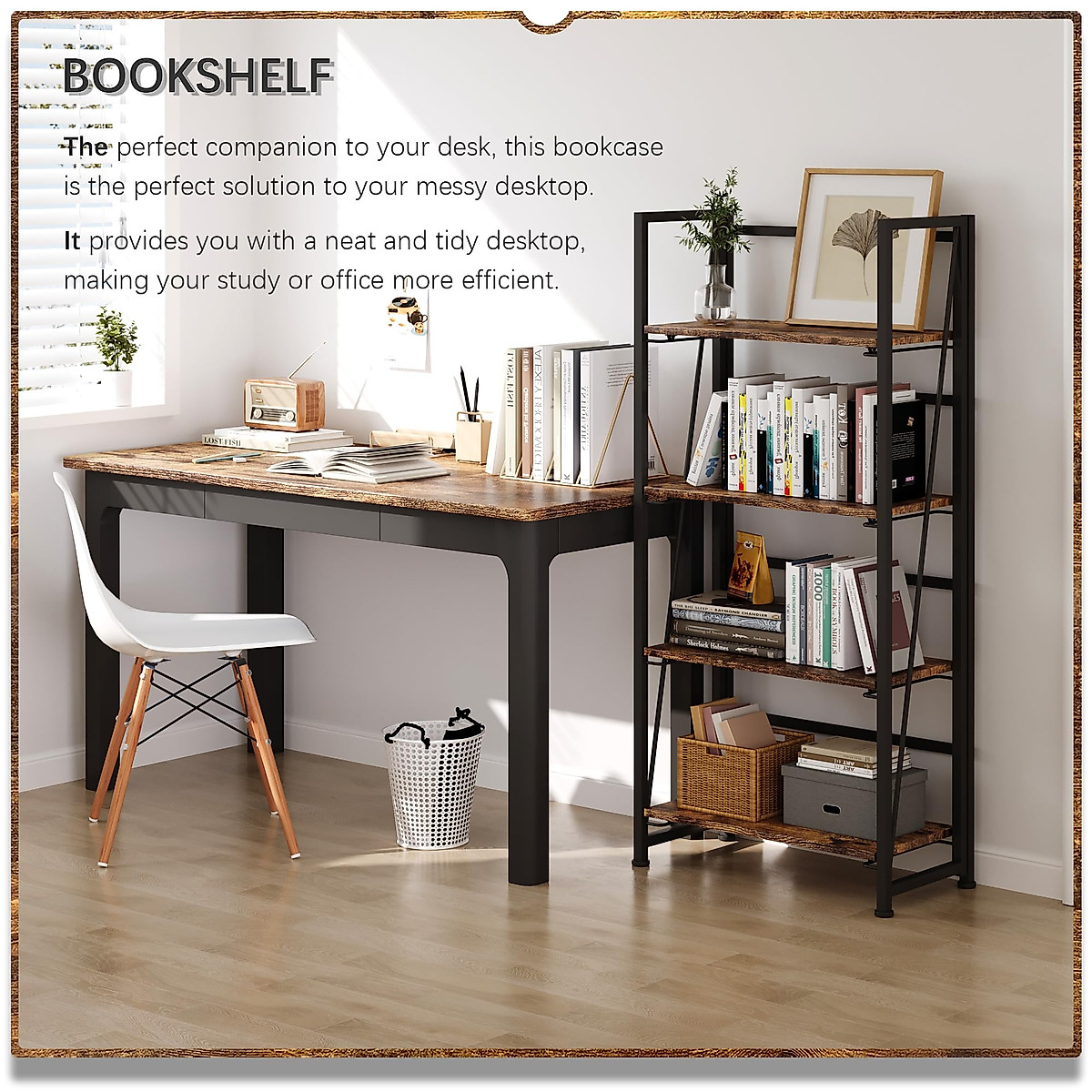 4NM No-Assembly Folding Bookshelf Storage Shelves 4 Tiers Vintage Bookcase Standing Racks Study Organizer Home Office (Rustic Brown and Black)