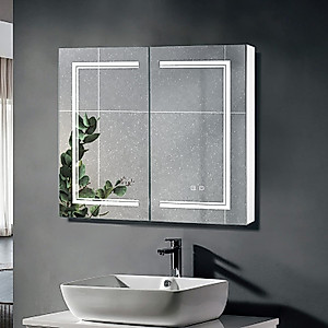 Pinikuyiro 32"x 28" Lighted Medicine Cabinet with Mirror, Wall Mounted Bathroom Mirror with Storage, 2 Doors Bathroom Wall Cabinet with LED Lights (White)