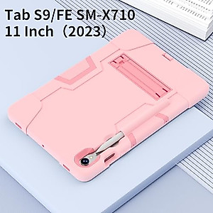 Kezigud Shockproof Kickstand Case for Galaxy Tab S9 11''/S9 FE 10.9'', Heavy Duty Hybrid Rugged Three Layer Soft Silicone+Hard PC with S-Pen Holder Cover for Samsung Tab S9/S9 FE 2023(Rose Gold)