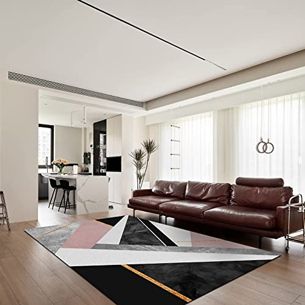 Grey White Pink Black Marble Area Rug, Light Luxury Abstract Living Room Rug, Machine Washable Carpet Non-Slip Anti-Shedding Easy to Clean Soft for Bedroom Girls Room Yoga Studio 4ftx6ft