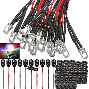 Ltvystore 70Pcs 3MM 12V 7Colors Fast Fash LED Pre Wired Prewired 7.87" Lamp Light Bulb Prewired Emitting Diode & Black 3mm LED Clip Holder Panel Mount & 9V Battery Holder Clip Snap On Connector Cable