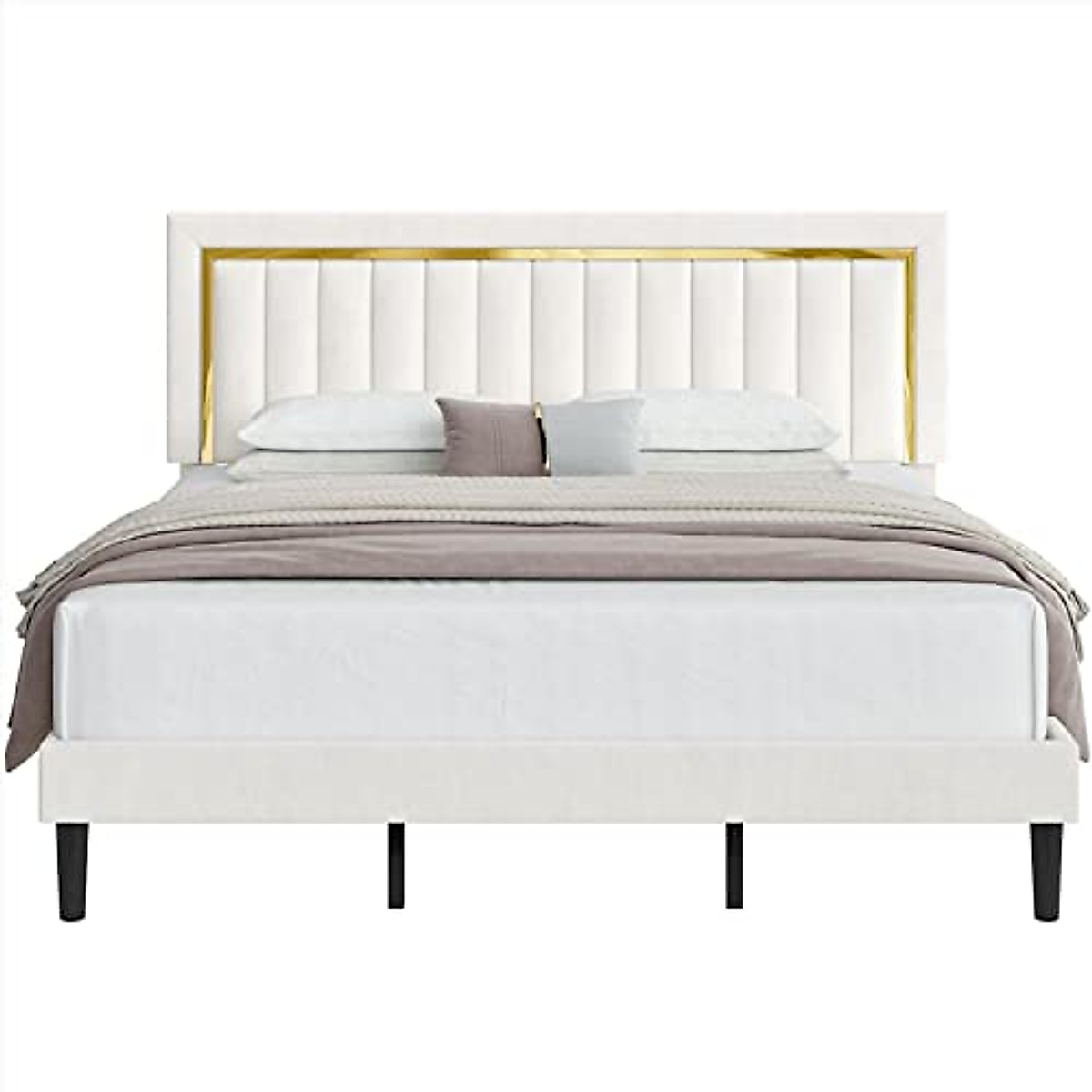 HITHOS King Size Bed Frame with Adjustable Tufted Headboard, Velvet Upholstered Platform Bed Frame with Gold Trim, Heavy Duty Mattress Foundation with Steel Frame, Easy-Assembly Slats (Beige, King)
