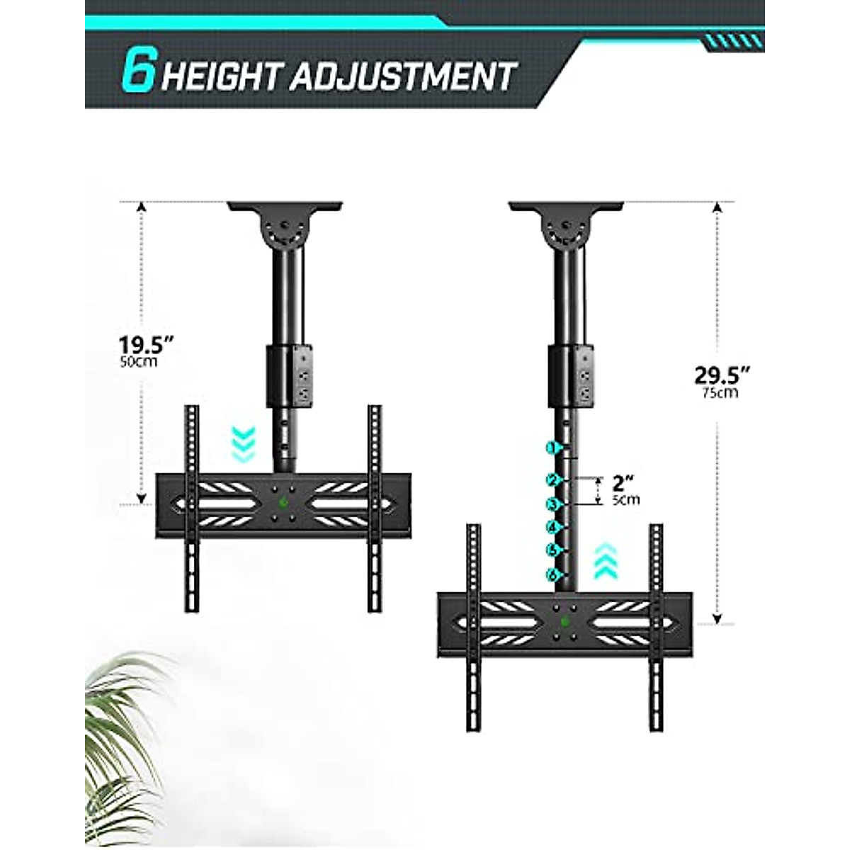 Greenstell Ceiling TV Mount with Power Outlet, TV Mount for 26-65 inch TVs, TV Ceiling Mount with 900J Surge Protection, Swivel, Tilt and 6 Height Adjustable, Max VESA 400x400mm, Holds up to 110Lbs