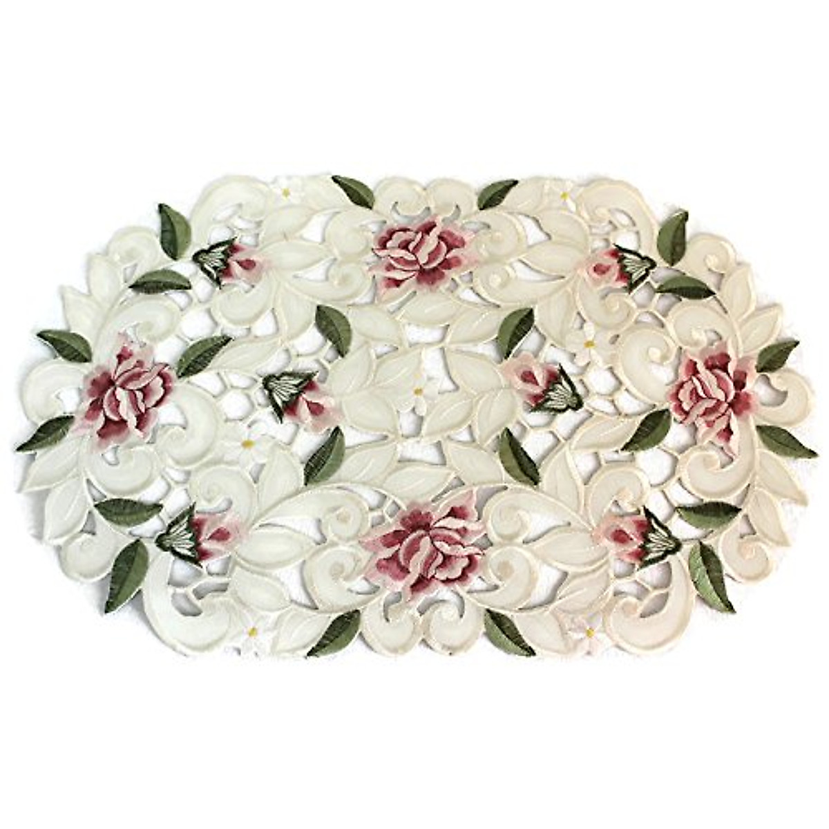 Doily Boutique Place Mat or Doily with a Light Pink Cutwork Rose, Size 11 x 17 inches