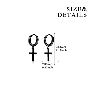 Sterling Silver Black Hanging Clip On Cross Hoop Earrings for Men Women (Black Cross Earrings)