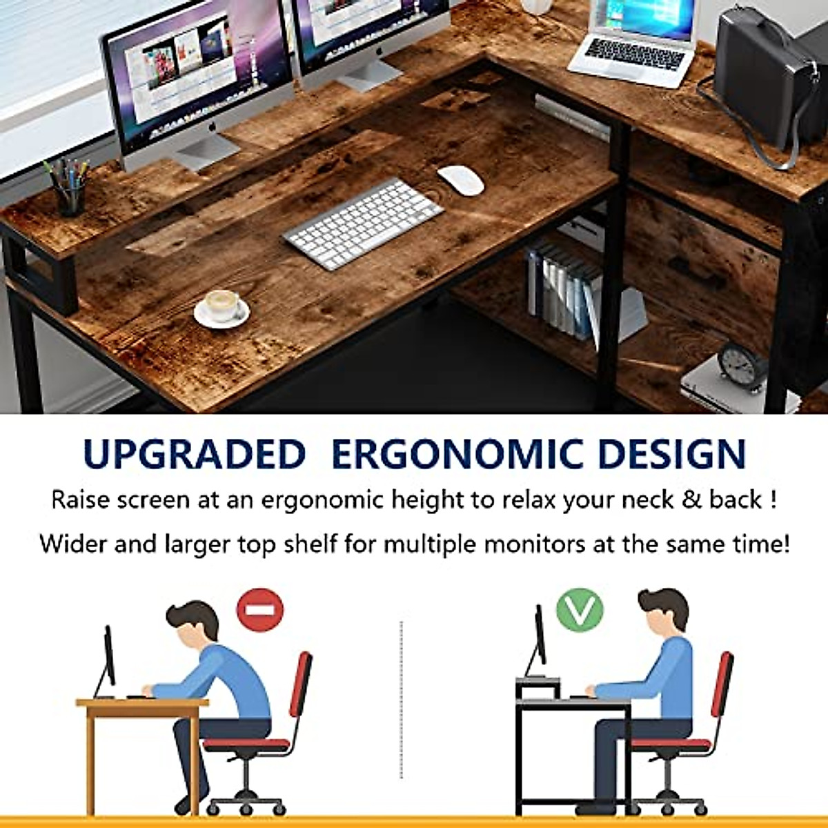 Loomie Reversible L Shaped Desk with Drawer, 55" W x 41" D Industrial Corner Computer Desk with 4 Tier Shelves & Monitor Stand and Bag, Study Table for Home Office, Rustic