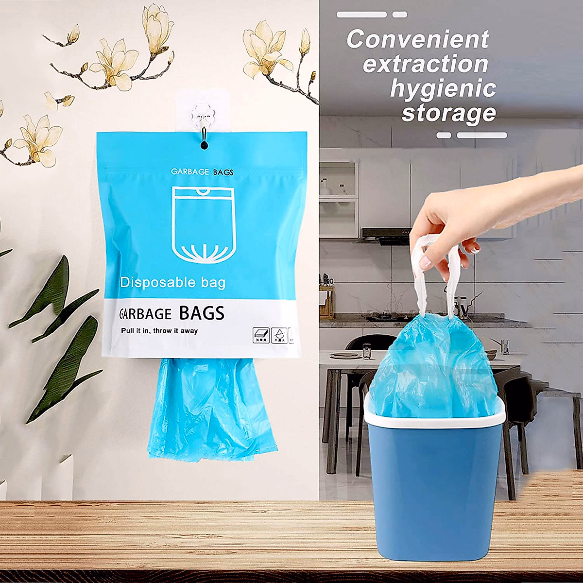 Small garbage bag, 0.8-1.2 gallon drawstring garbage bag, garbage bag lining, super strong 60 count for household, kitchen, office, car (blue, 0.8-1.2 gallons (60 count)(Hook inside the bag)