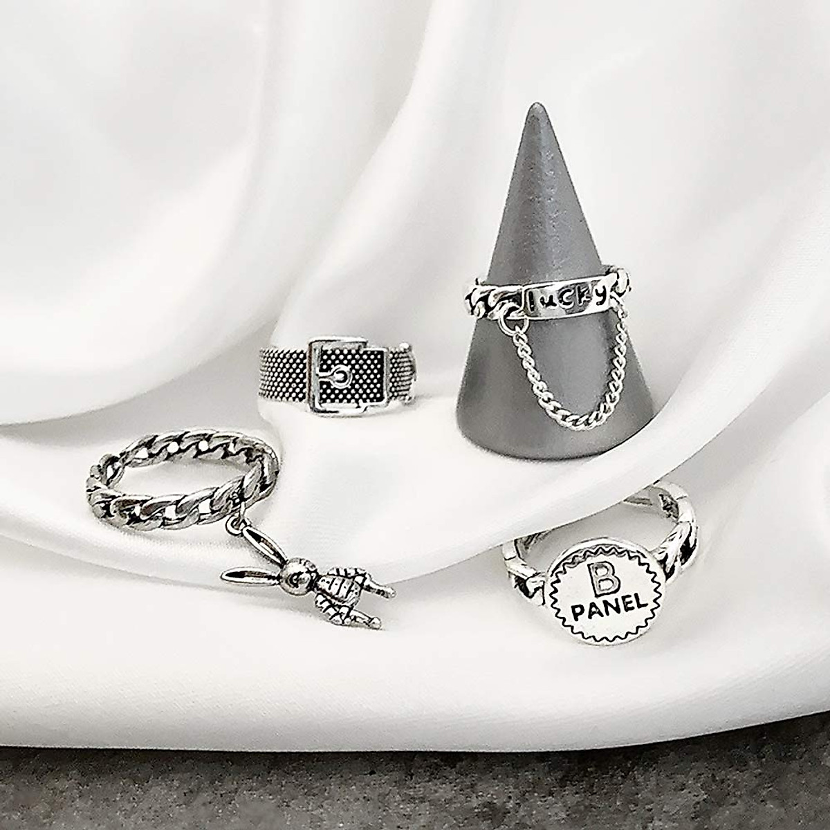 Adjustable Belt Buckle Rabbit Engraved Lucky B Chain Rings Set Silver For Women Goth Viking Kpop Punk Vintage Open Stackable Ring Set For Daughter Mom Jewelry