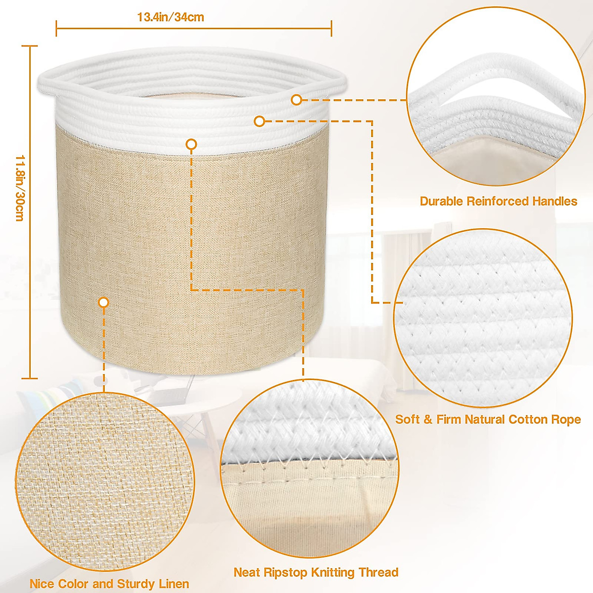 DSVENROLY 2Pcs Cotton Rope Storage Basket, 13.4" x 11.8" Linen Woven Baby Laundry Basket Blanket Baskets with Handles, Toy Nursery Storage Baskets Bin for Blankets Towels Pillows (Khaki)