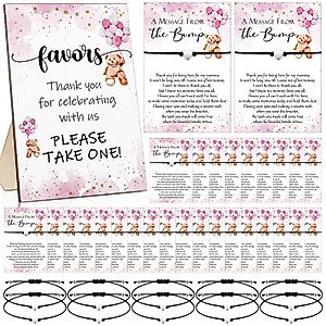 Thyle 50 Set Bear Baby Shower Games Favors for Guests 50 Message from the Bump Card 50 Adjustable Heart Bracelet 1 Baby Shower Wood Sign Baby Shower Thank You Return Gifts for Guests(Pink)