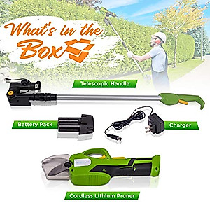 SereneLife Metal 7.2V Lithium-ion Rechargeable Battery Powered Electric Pruning Shears Garden Trimmer-Cordless Branch Cutter Pole Pruner w/Telescopic Handle PSPR190