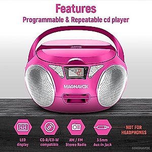 Magnavox MD6924 Portable Top Loading CD Boombox with AM/FM Stereo Radio in Black | CD-R/CD-RW Compatible | LED Display | AUX Port Supported | Programmable CD Player | (Pink)