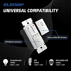 ELEGRP Occupancy Motion Sensor Light Switch, PIR Infrared Motion Activated Wall Switch, No Neutral Wire Required, Single Pole for CFL/LED/Incandescent, w/Wall Plate, UL Listed (2 Pack, Matte White)