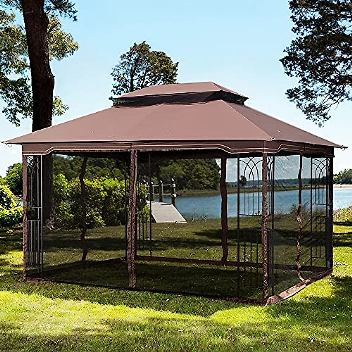 13' x 10' Gazebo for Patio with Mosquito Netting, Outdoor Canopy with Ventilated Double Roof and Corner Shelves, Pergolas for Shade and Rain with Metal Frame, Perfect for Backyard and Deck, Brown Top