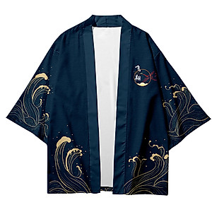 DOSLAVIDA Men's Japanese Kimono Jacket Set Stylish Open Front Coat With Shorts Chinese Style Printed Cardigan Suits