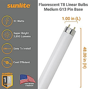 Sunlite 30195 T8 Linear Fluorescent Lamp, 32 Watts, 3050 Lumens, F32T8/SP841, 4100K Cool White, Medium G13 Bi Pin Base, High Performance Straight Tube, 30 Pack