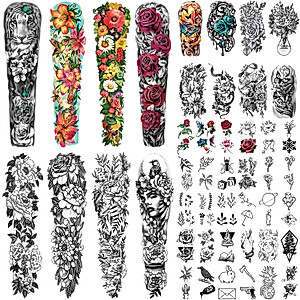 SOOVSY 46 Sheets Full Arm Temporary Tattoo for Men Women with Lion Lily Daisy Peony Rose, Half Arm Temporary Tattoos for Adults with Butterfly Bird Snake, Fake Tattoos That Look Real and Last Long