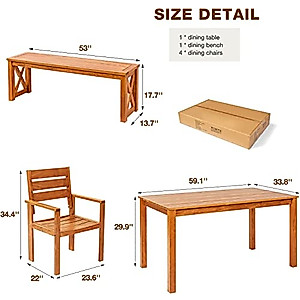 YOLENY 6 Piece Patio Dining Set, Teak Solid Wood, Indoor and Outdoor Wooden Furniture Sets for Backyard, Porch, Lawn, and Garden