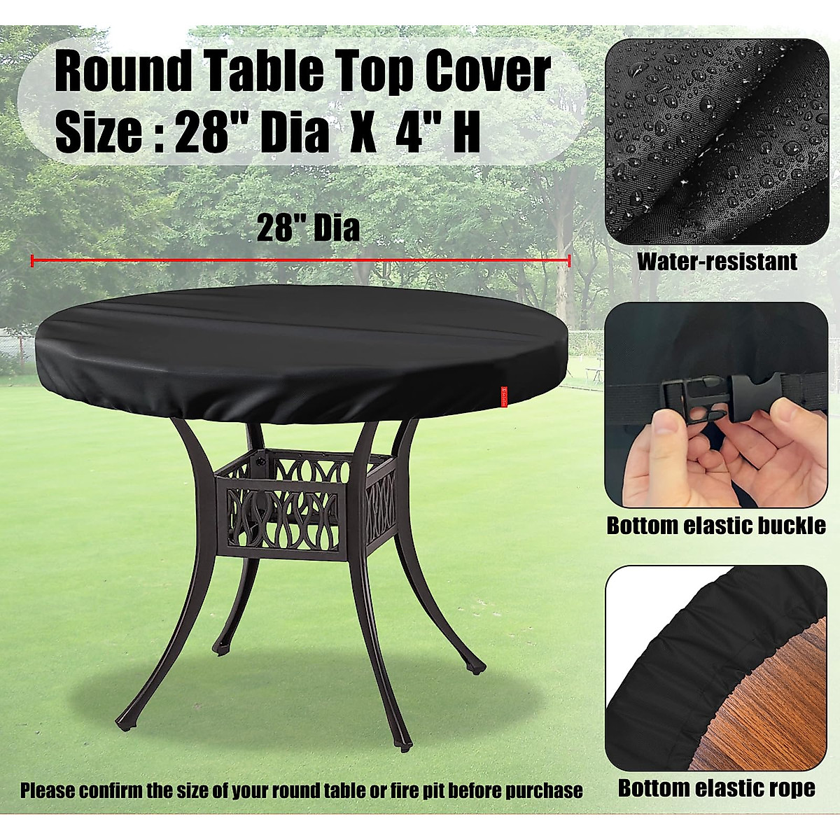 SoloToo Outdoor Round Table Cover,Waterproof Anti-UV Patio Round Table Top Covers,Fits Round Patio Furniture Up to 26" - 28" Diameter (Black)