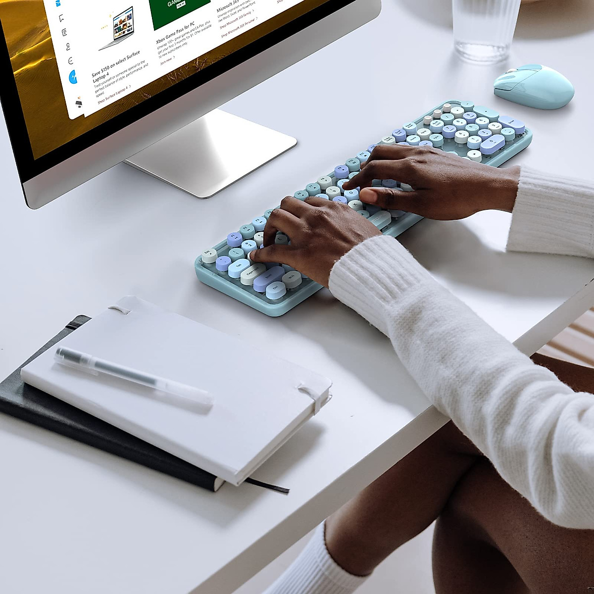 KNOWSQT Wireless Keyboard and Mouse Combo, Blue 104 Keys Full-Sized 2.4 GHz Round Keycap Colorful Keyboards, USB Receiver Plug and Play, for Windows, Mac, PC, Laptop, Desktop