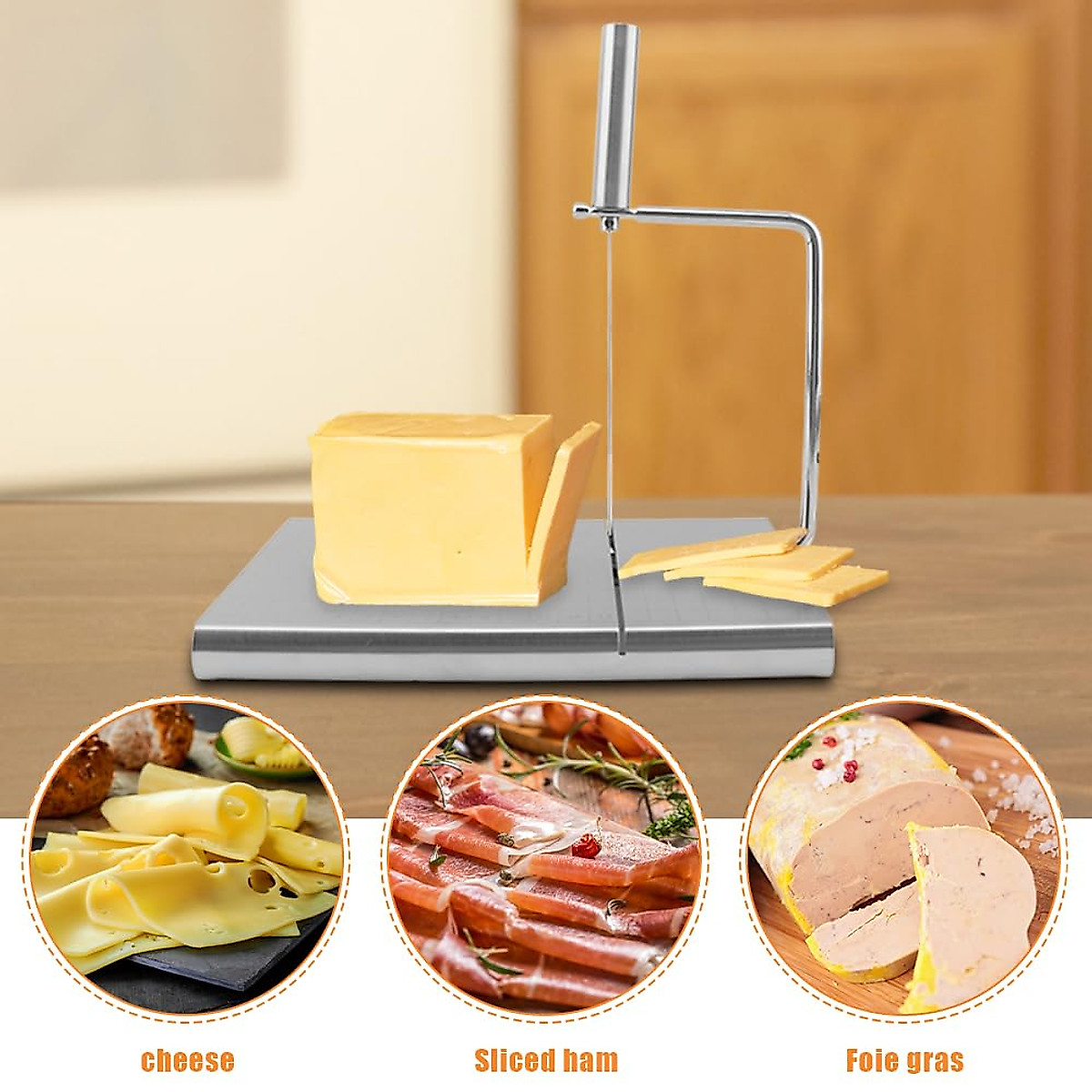 QWLWBU Stainless Steel Cheese Slicer Cutter Multipurpose Cheese Slicer Food Cutter with 6 Replacement-wires Cheese Cutter Board with Accurate Size Scale Cheese Cutter(COLOR:silver)