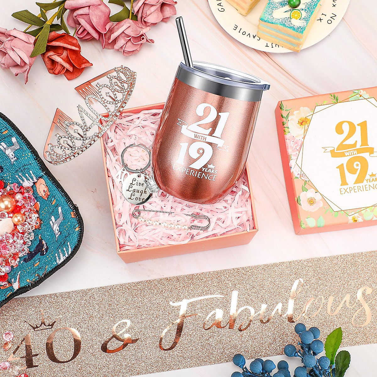Sieral 40th Birthday Gifts Box for Women Including 21 with 19 Years Experience Wine Tumbler, 40th Tiara, 40th Birthday Sash, 40th Birthday Keychain for Women Friends Lover Mom Coworker(40th Style)