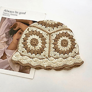 XYIYI Beige Women Crochet Bucket Hat Knit Handmade Foldable Beach Hat Cute Hand Woven Fishing Hat