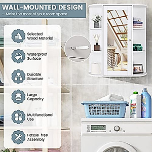 COSTWAY Wall Mounted Bathroom Cabinet - Storage Organizer with Mirror Door, Adjustable Shelves & 6 Open Racks, Space-Saving Hanging Medicine Cabinet for Living Room Kitchen Entryway (White)