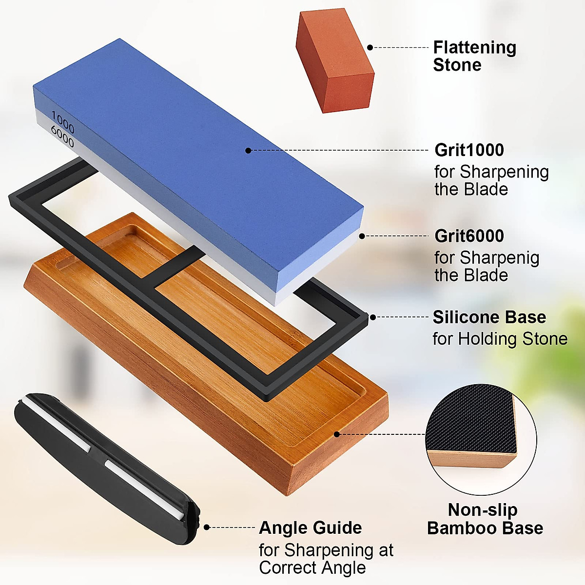 Whetstone Sharpening Stone Knife Sharpener, 2 Side 1000/6000 Grit Knife Sharpening Wet Stone Tool Kit for Kitchen Hunting, Non-Slip Bamboo Base Angle Guide Sharpening Stones for Knives